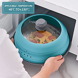 Microwave Splatter Silicone Cover Collapsible Steamer, Vented Multifunction Splash Lid with Glass Dish Bowl Plate for Food Cooking Bacon Maker, Dishwasher Safe BPA-Free 10.5 inch Cookware Set