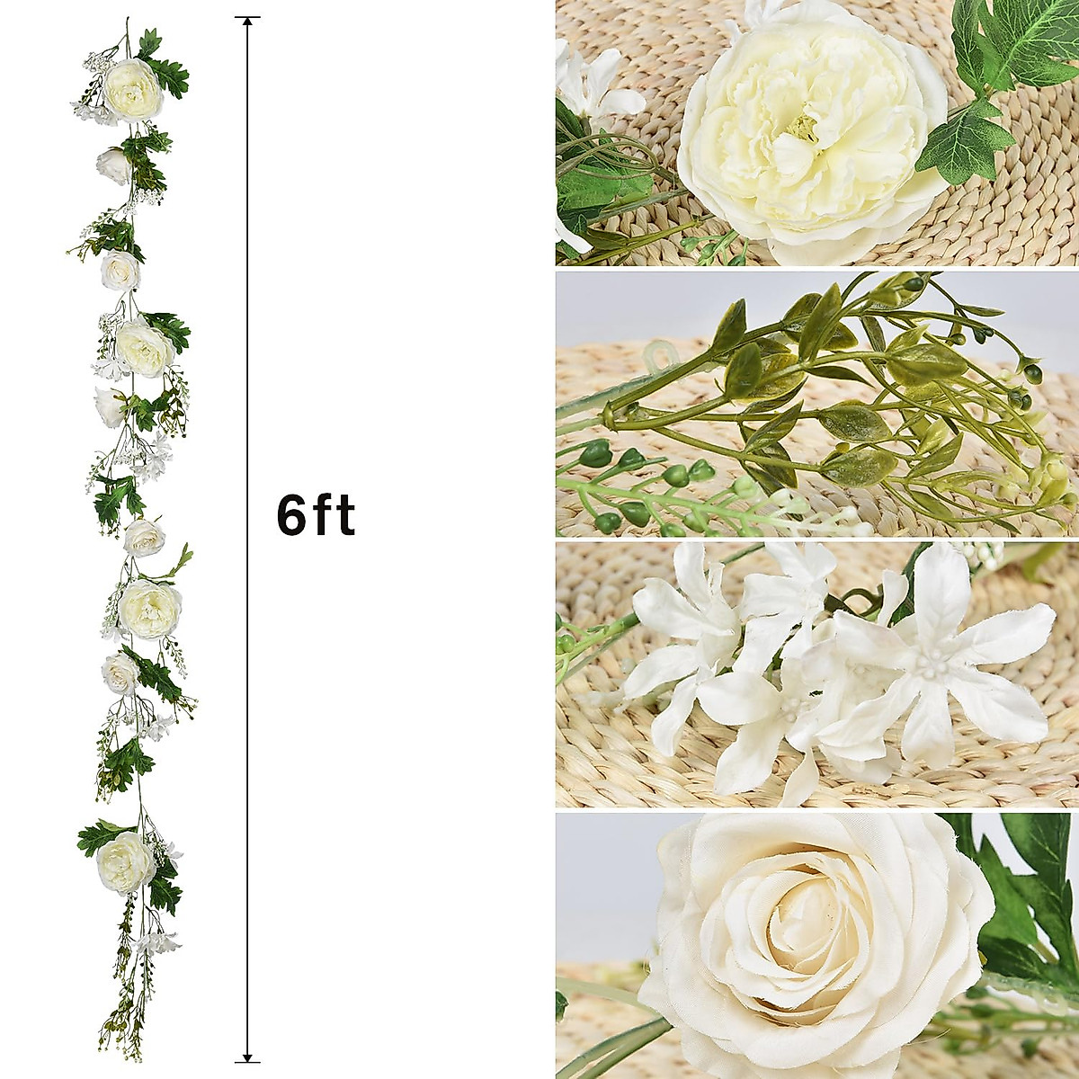 Lvydec 2 Pack Artificial Peony Flower Garland - 6ft Silk Peony White Flower Garland Arch Flower Vine for Wedding Party Table Decoration (2, White)