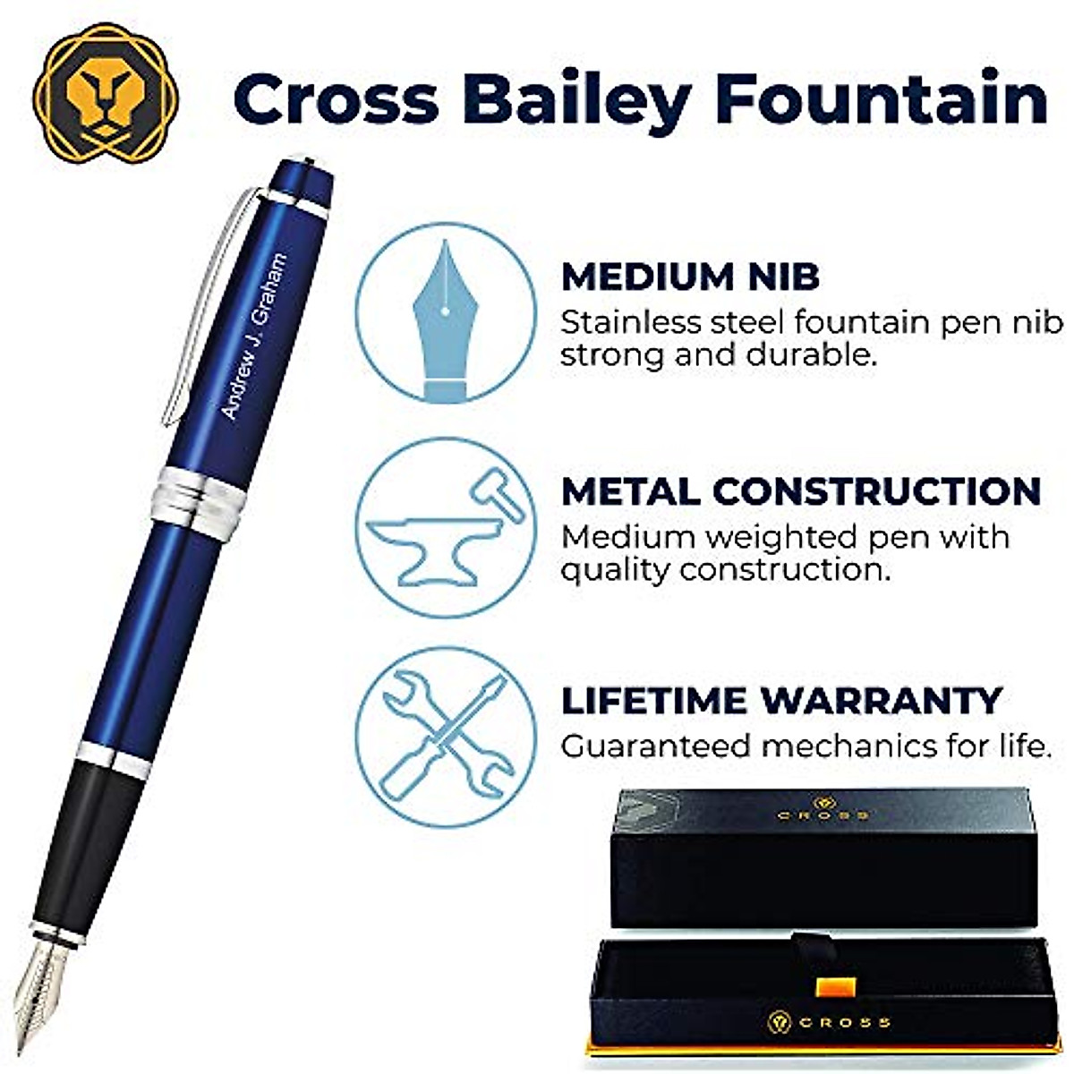 Cross Pen | Engraved/Personalized Cross Bailey Blue Lacquer Fountain Gift Pen - Chrome Trim AT0456-12MS. Custom Engraving Included.