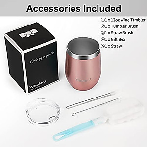 Waipfaru Wine Tumbler, 12 Oz Insulated Wine Tumbler With Lid and Straw, Stainless Steel Stemless Cup, Double Wall Vacuum Wine Tumbler for Wine Coffee Cocktails, Travel & outdoors (Rose Gold)