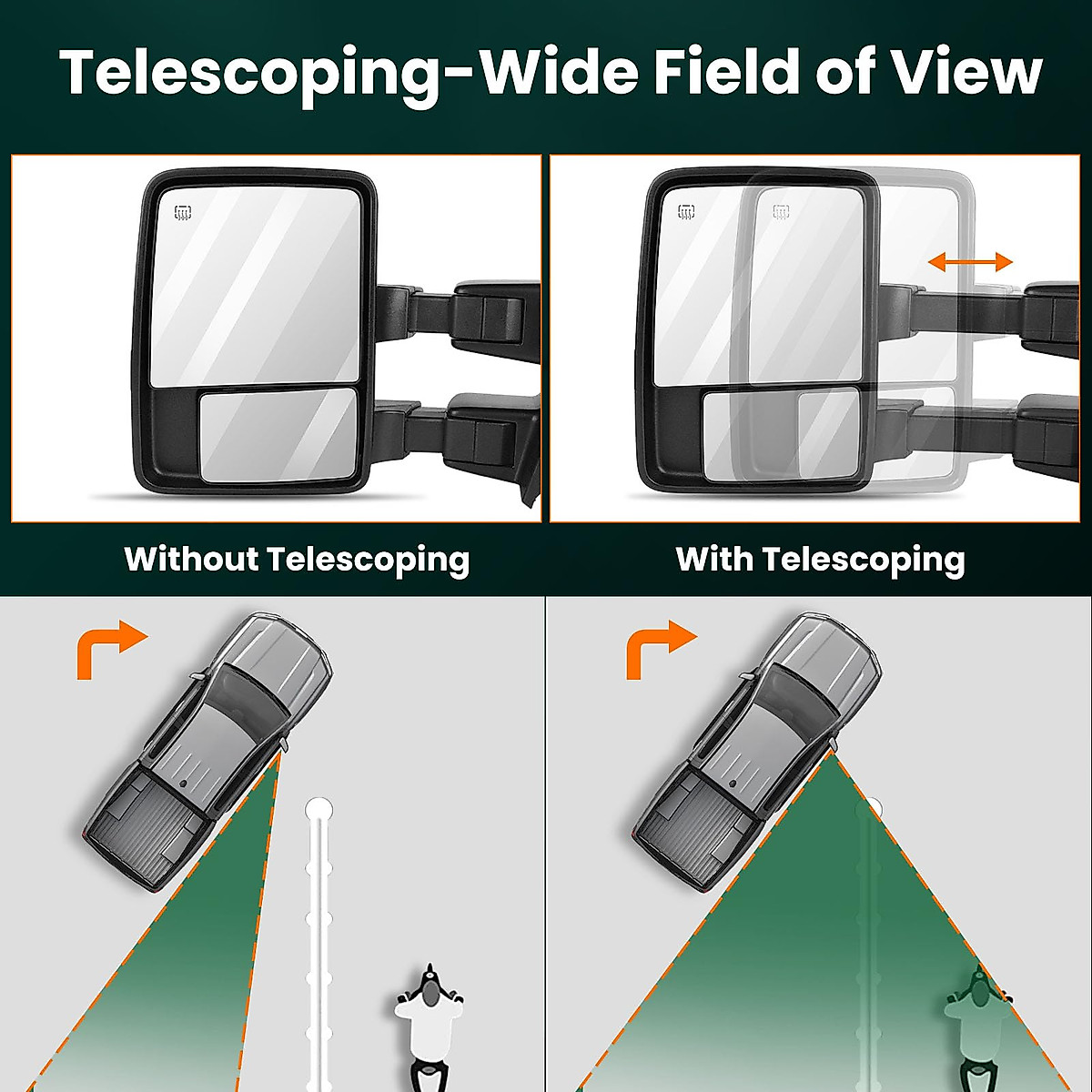 SCITOO Towing Mirrors fit for Ford Mirrors fit for Ford for F250 for F350 for F450 for F550 Super Duty 2003-2007 Signal Power Controlling Heated Convex Glass Manual Folding Telescoping (Pair)