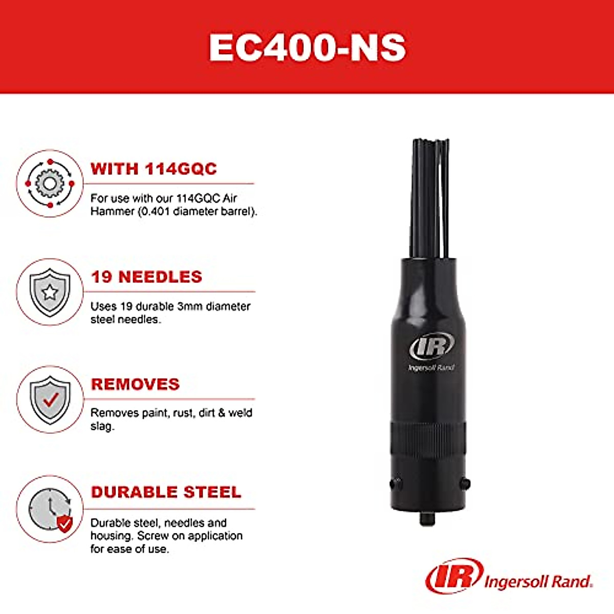Ingersoll Rand EC400-NS Edge Series Needle Scaler Attachment, Screw On for Use w/ 114GQC Air Hammer (0.401 Diameter Barrel), Paint, Rust, Dirt and Weld Dust Remover