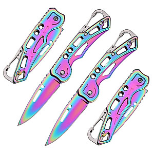WWZJ 2 Pack Pocket Knife (Multicolored Titanium) with Key Ring Easy To Everyday Carry, Folding Knife Self-Defense