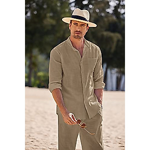COOFANDY Linen Suits For Men 2 Piece Beach Button Down Shirt Casual Loose Pant Sets Mens Linen Beach Shirt (Khaki XL)
