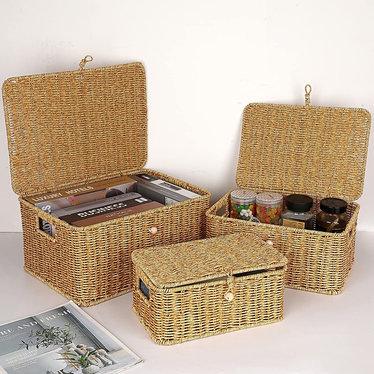 Hipiw Resin Woven Baskets Bin with Lid & Handle - Set of 3 Rectangular Shelf Baskets Multipurpose Storage Basket Boxes Home Decorative Container for Closet Shelf Organizing, Large Size