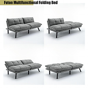 Modern Velvet Convertible Folding Futon Couch Sofa Bed Adjustable Pillow Top Arm Memory Foam Couch Double Loveseat Sofa for Compact Living Space,Dorm,Game Studio,Apartment,Bedroom (Light Grey)