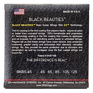 DR Strings Bass Strings, Black Beauties BASS Black Coated Nickel Plated Bass Guitar Strings on Round Core
