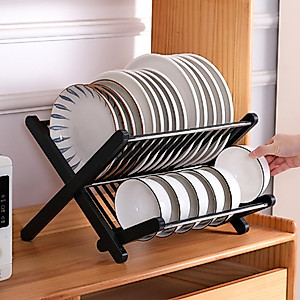 DOITOOL Stainless Steel Dish Drying Rack for Kitchen Counter: 2-Tier Dish Drainer Kitchen Plate Rack with Drainboard - Foldable and Compact for Space-Saving Storage, Black