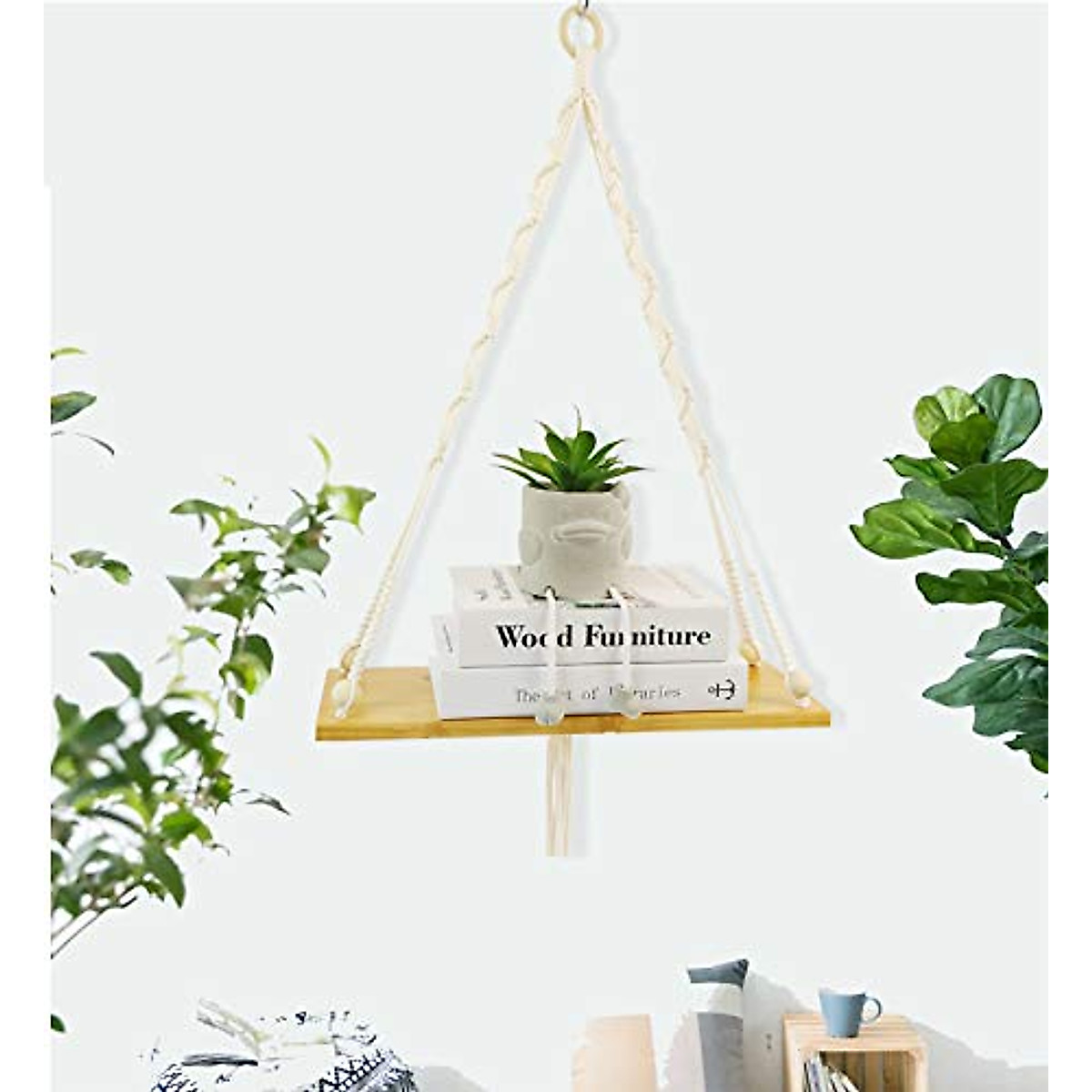 MYARTREE Floating Shelf, Macrame Wall Hanging Shelf,Rope Swing Storage Decor for Living Room, Bedroom, Bathroom or Office(16.5x5.9x0.51inch, Natural Color)