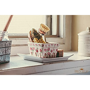 Farmhouse Ceramic Berry Basket, Colander, Strawberry Decor, Fruit Bowls, Fruit Baskets, Kawaii Strawberry Kitchen bowl, Pink White and Cute Strawberry pattern Stoneware Harvest Square Bowls Set of 4