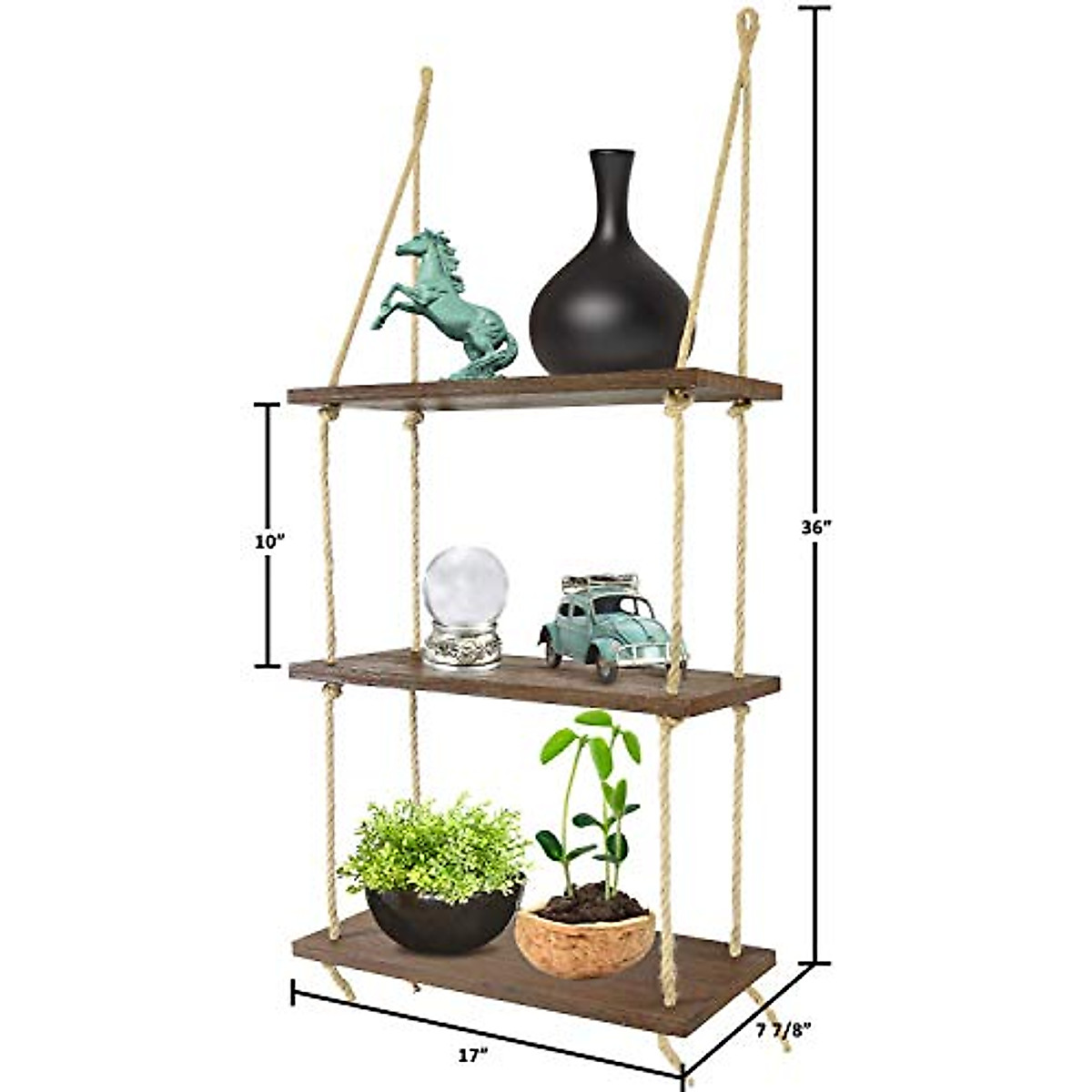 Greenco Decorative Rustic Jute Rope Wall Hanging Floating Shelves, Distressed Wood, 3 Tier .