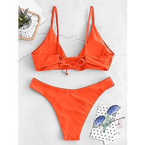 ZAFUL Women's Tie Back Padded High Cut Bralette Bikini Set Two Piece Swimsuit (1-Pumpkin Orange, M)
