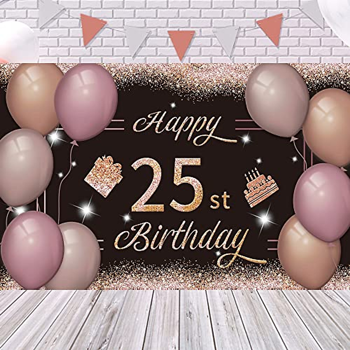 Happy 25st Birthday Backdrop Banner Black Pink 25th Sign Poster 25 Birthday Party Supplies for Anniversary Photo Booth Photography Background Birthday Party Decorations, 72.8 x 43.3 Inch