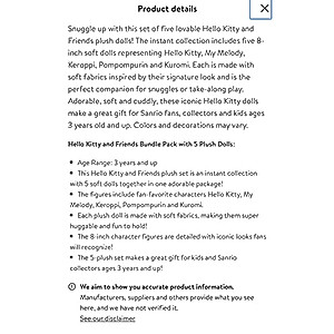 Hello Kitty and Friends 8" Collector's Set of 5 Plush Melody Kuromi Keroppi Pompompurin Stuffed Toy Soft Gift Pack