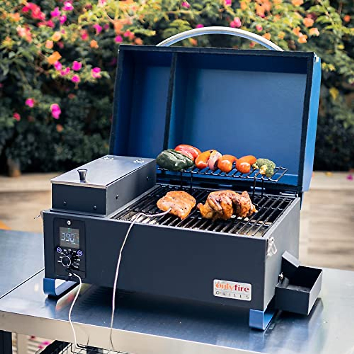 Onlyfire Portable Wood Pellet Grill and Smoker, 8 in 1 Tabletop Outdoor BBQ Grilling Stove for RV Camping Tailgating Cooking with Auto Temperature Control, LED Screen, Meat Probe & 2 Tiers Cooking Area, Blue
