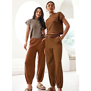 MEROKEETY Women Two Piece Outfits Sweater Sets Knit Pullover Tops High Waist Pants Lounge Set Tracksuit, Pecan, Small