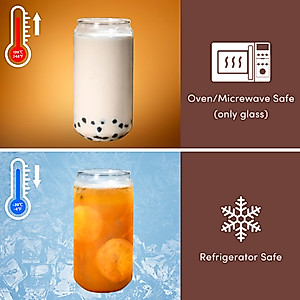 wirsh Drinking Glasses, 4pcs 18oz Can Shaped Glass Cups with Bamboo Lids and Glass Straw,Cute Tumbler Cups for Iced Coffee, Beer, Tea, Coffee Bar Accessories, Giftable