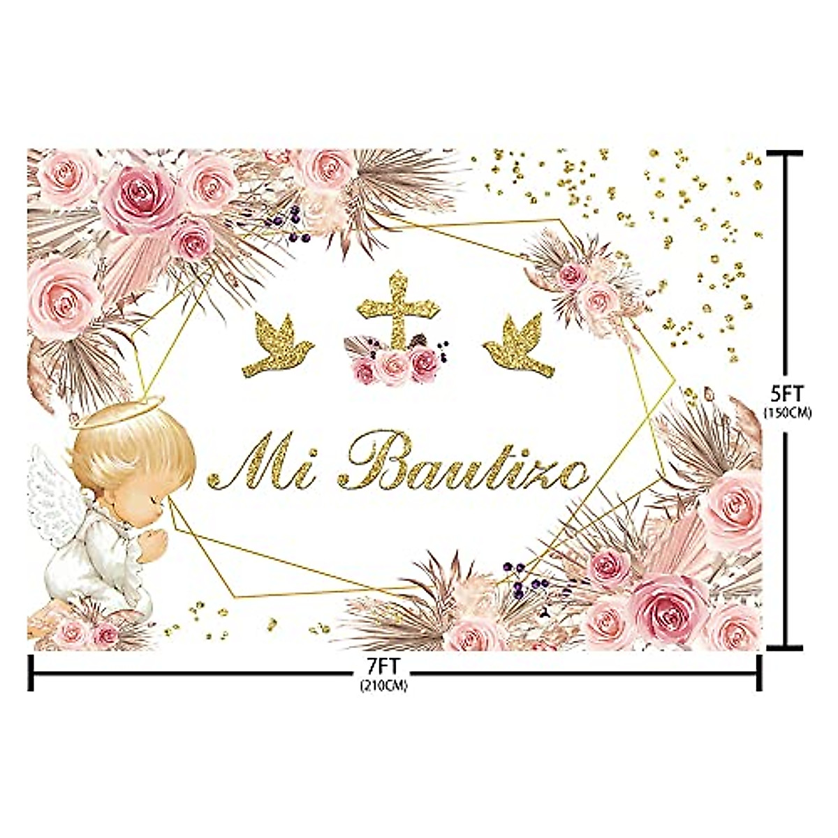 SENDY 7x5ft Mi Bautizo Backdrop Boho Baptism God Bless First Holy Communion Party Decorations for Girl Angel Pink Floral Gold Cross Glitter Background Christening Newborn Baby Shower Photo Booth Props