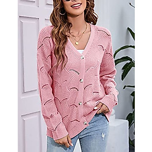 KOJOOIN Women's Crochet Cardigan Lightweight Kimono Long Sleeve Hollow Out Kint Outwear Sweater Barbie Pink M