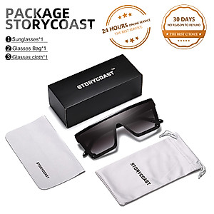 STORYCOAST Square Sunglasses for Women Men Fashion Big Frame Flat Top Sun Glasses Mirror Lens (Bright Black-Gradient Gray)