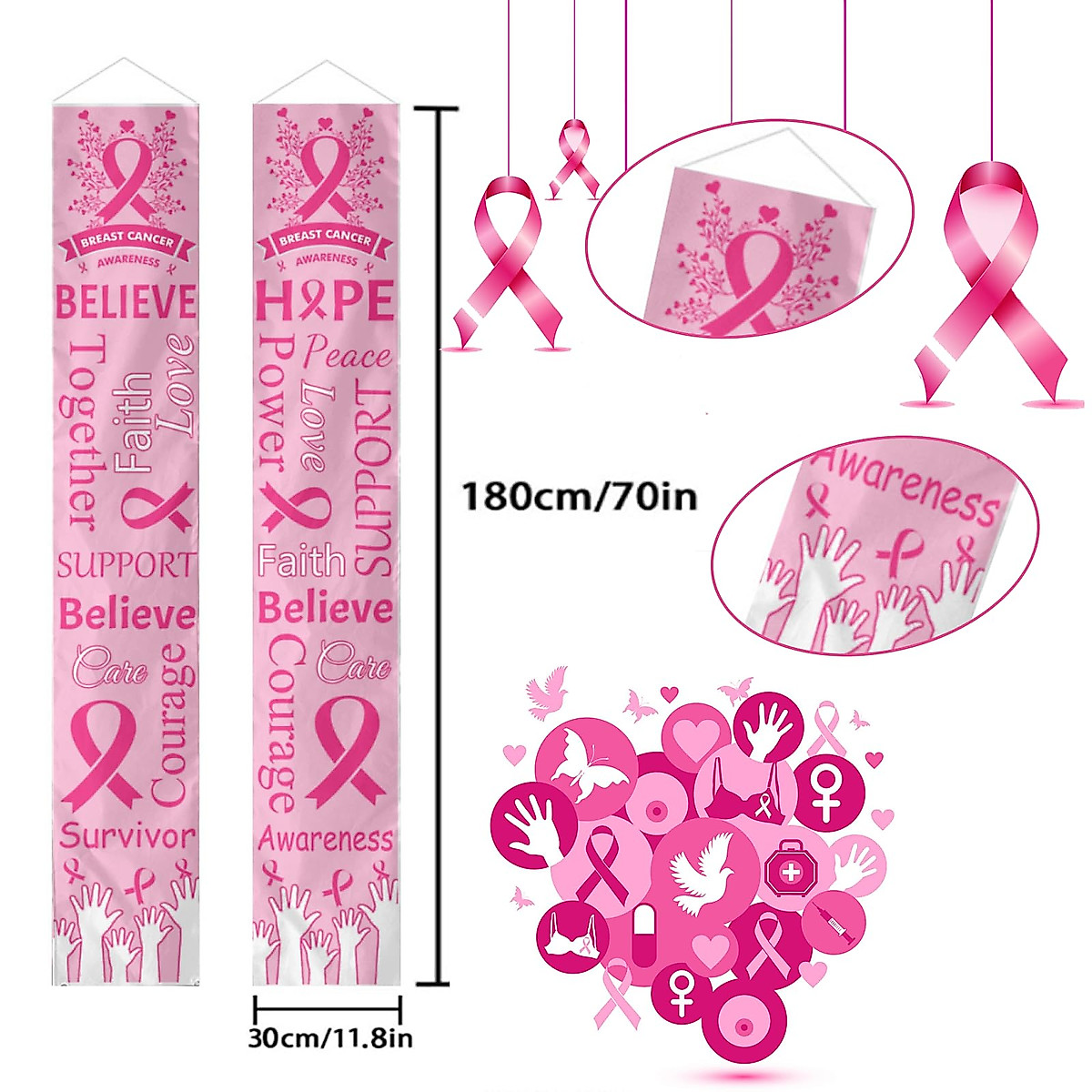 ZHIFU Breast Cancer Awareness Party Decorations Breast Cancer Banner Porch Sign, Pink Ribbon Door Banner Party Supplies Backdrop for Outdoor Indoor, 12 x 72 Inch