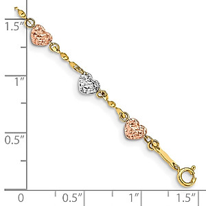 Auriga Fine Jewelry 14K Tri-color Diamond-cut Puff Heart Bracelet for Women 7"