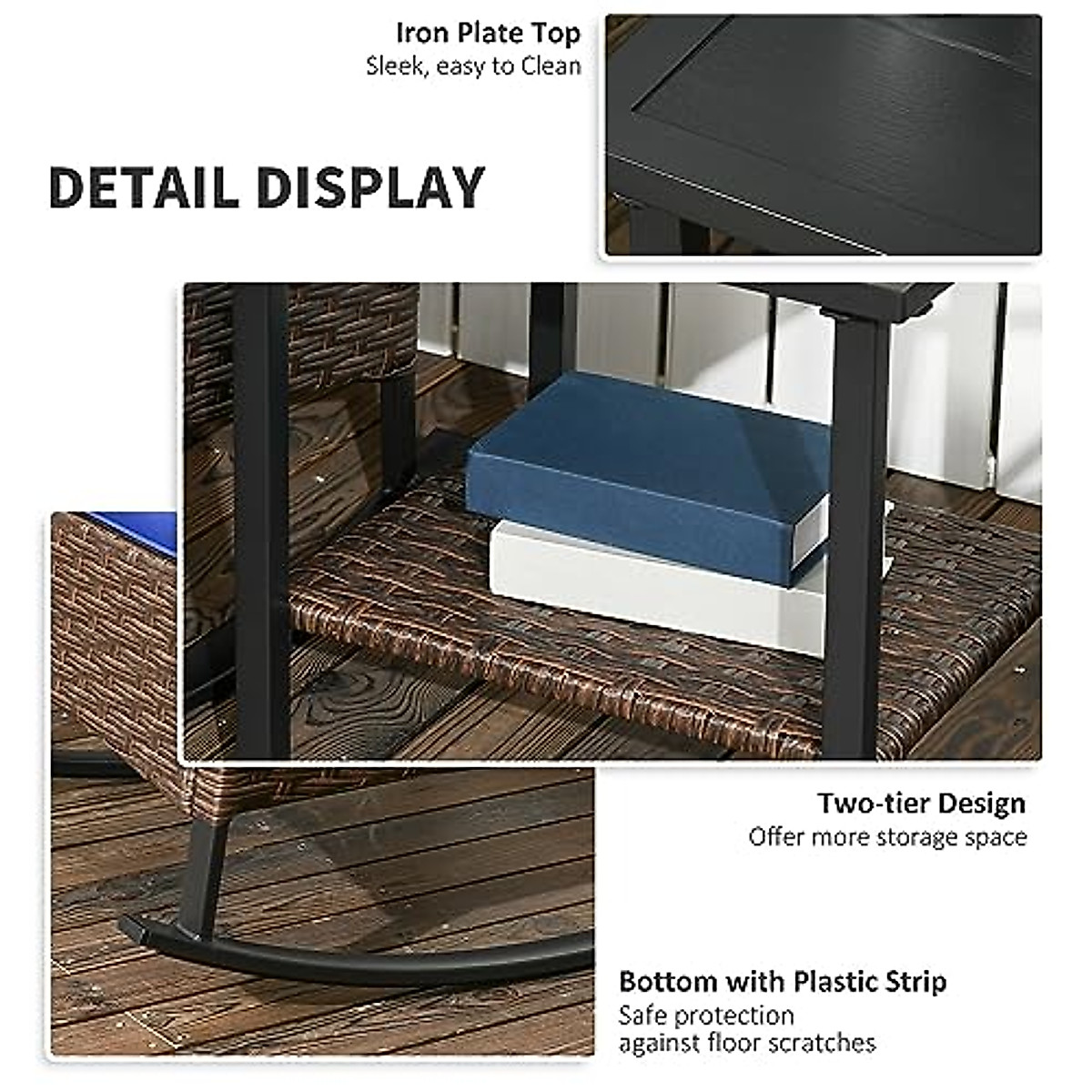 Outsunny 3 Piece Rocking Bistro Set, Outdoor Wicker Patio Furniture, 2 Porch Rocker Chairs with Glass Coffee Table, Tufted Cushions, Patio Conversation Set, Dark Blue