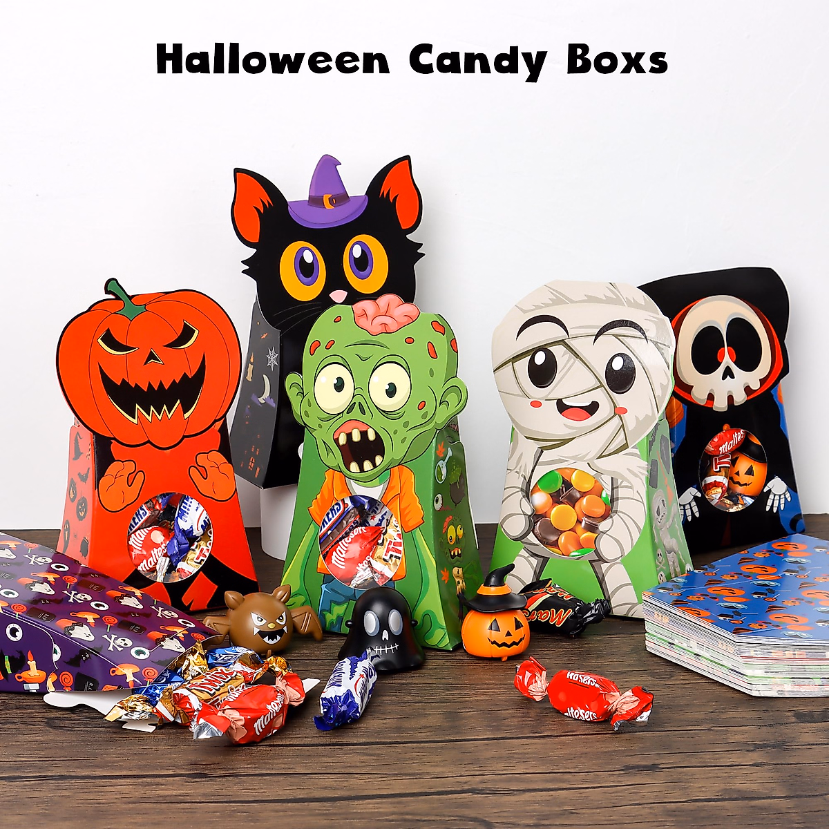 Halloween Treat Boxes Bulk-54pcs Halloween Goodies Candy Boxes with Window, Halloween Party Favors Candy Boxes Pack, Trick or Treat Cookies Box Gift Bags Set, Non-candy Treat Gift Boxes Bulk 9 Designs