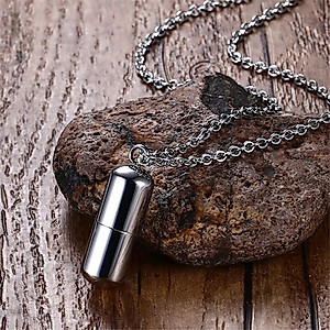 Flongo Fashion Pill Case Capsule Pendant Necklace Stainless Steel Mens Womens, 20 inch Chain, Cross Medicine Keepsake Pendant Necklace (Medical Alert Pill)