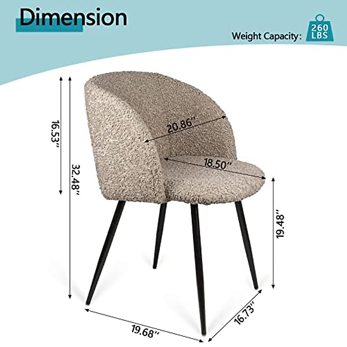 Homtique Modern Dining Chairs Set of 2, Upholstered Sherpa Accent Chair, Leisure Chair with Armrest and Black Metal Legs, Comfy Side Chair Armchair for Kitchen Dining Living Room Vanity (Light Brown)