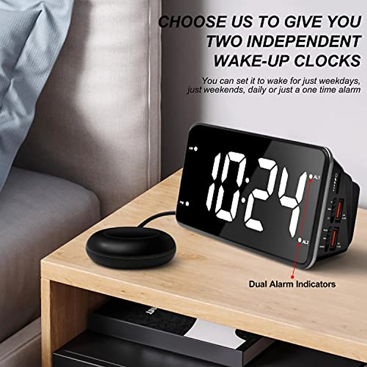 Digital Loud Alarm Clock for Heavy Sleepers Adults with Bed Shaker - Ideal for Hearing Impaired People - Dual Alarm Settings & 2 USB Charger - 7 Inch Display (Black with White Digit)