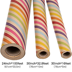 RUSPEPA Kraft Wrapping Paper Roll - Rainbow Stripe Pattern - 24 Inches x 100 Feet