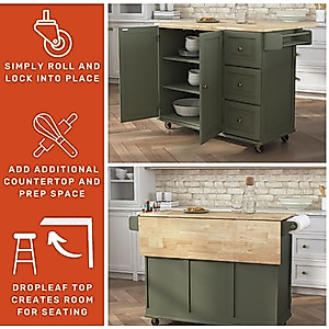 Homestyles Mobile Kitchen Island Cart with Wood Top and Dropleaf Breakfast Bar, 18" D x 53.5" W x 36" H, Green