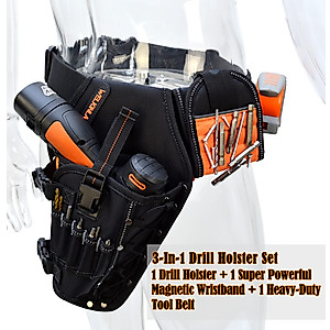 3-In1 Drill Holster Set w/Strong Magnetic Wristband & Solid 2 inch Belts for Men, Drill Holder, Tool Belt Drill Holder, 12v Power Tool Holster, Impact Holster, Impact Holder, Magnetic bit Holder