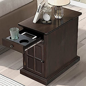 Traditional Wood End Table with Charging Station, Modern Vintage Sofa Chair Side Table Nightstand with Storage & Drawer for Living Room Bedroom, No Assembly, Antique Espresso