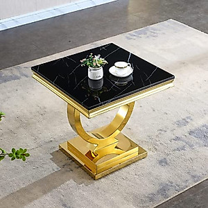 Luxury Real Marble End Table, Modern Mirrored Gold Square Sofa Side Table, Mid Century Elegant End Bedside Table with Stainless Steel Pedestal Base for Living Room Bedroom Couch