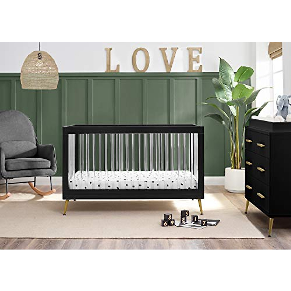 Delta Children Sloane 4-in-1 Acrylic Convertible Crib - Includes Conversion Rails, Black w/Melted Bronze
