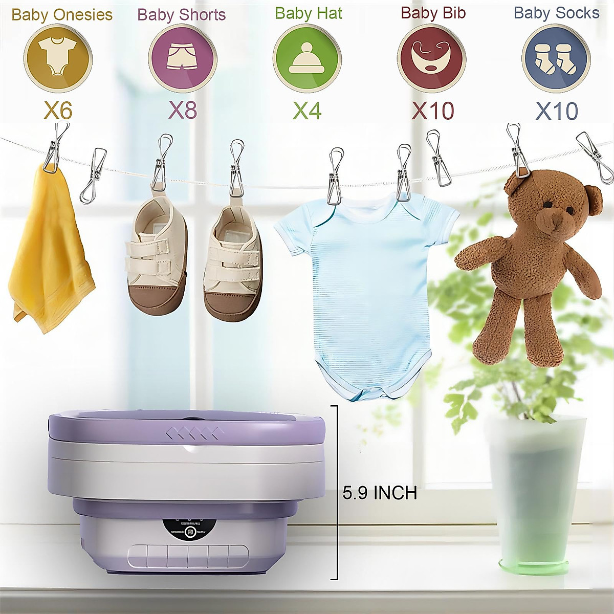 Portable washing Machine,9L High Capacity with 3 Modes Deep Cleaning for Apartment, Camping, RV, Travel, Underwear, Personal, Baby,Pet Clothes - (100V-240V)-Purple