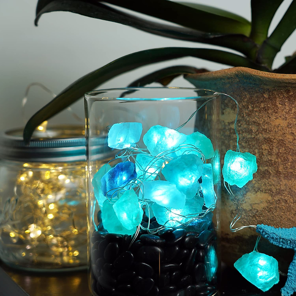 BOHON Natural Fluorite String Lights Battery Operated with Remote Sea Glass Raw Stones Decorative Lights 6.5ft 20 LEDs String Lights for Bedroom Party Indoor Christmas Wedding Decor
