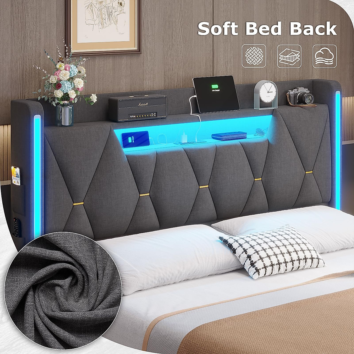 BYSAUD King Size Storage Bed Frame with Hidden Space and 2-Tier Shelves,King Bed Frame with Heaboard,King Size Bed Frame with LED Lights,Charging Station,No Box Spring Needed,Dark Gray,Linen Cloth