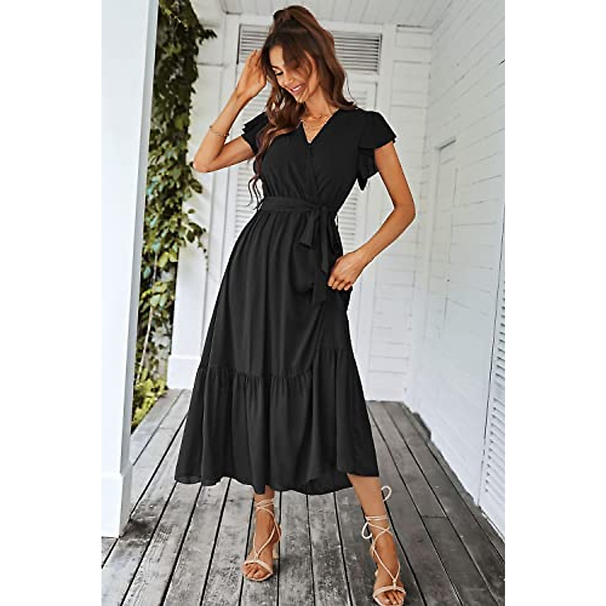 PRETTYGARDEN Women's 2023 Floral Boho Dress Wrap V Neck Short Sleeve Belted Ruffle Hem A-Line Flowy Maxi Dresses (Solid Black,Large)