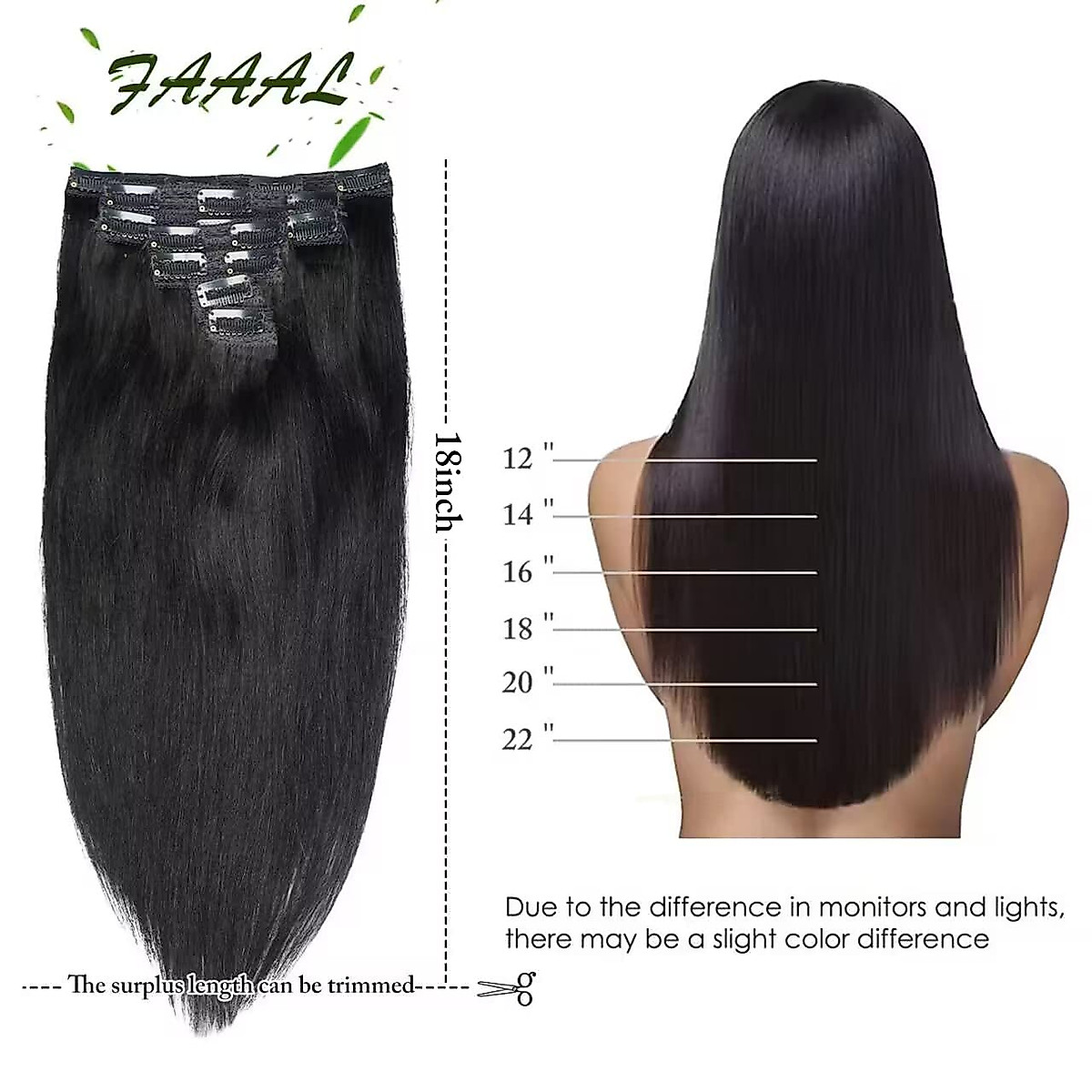 18" Clip in Human Hair Extensions Full Head 150g 7 Pieces 16 Clips Jet Black Double Weft Brazilian Real Remy Hair Extensions Thick Straight Silky (18",150g 1#)