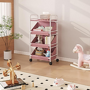 Buzowruil Utility Rolling Fabric Storage Rack Trolley Toy Rack Storage Cart Trolley with 3 Large Storage Boxes，Wheels, Suitable for Bedroom, Living Room, Entryway, Pink