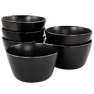 Elama Paul 6 Piece Stoneware Bowl Set in Matt Black with Gold Rim (Arthur Paul Bowl), 6 Piece Set