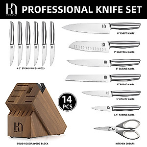 KnifeSaga 2024 Upgraded Knife Set 14 Piece Premium Japanese High Carbon Stainless Steel Kitchen Knife Block Sets with Built-in Sharpener, Razor Sharp Knives Set for Kitchen, Angled Acacia Wood Block