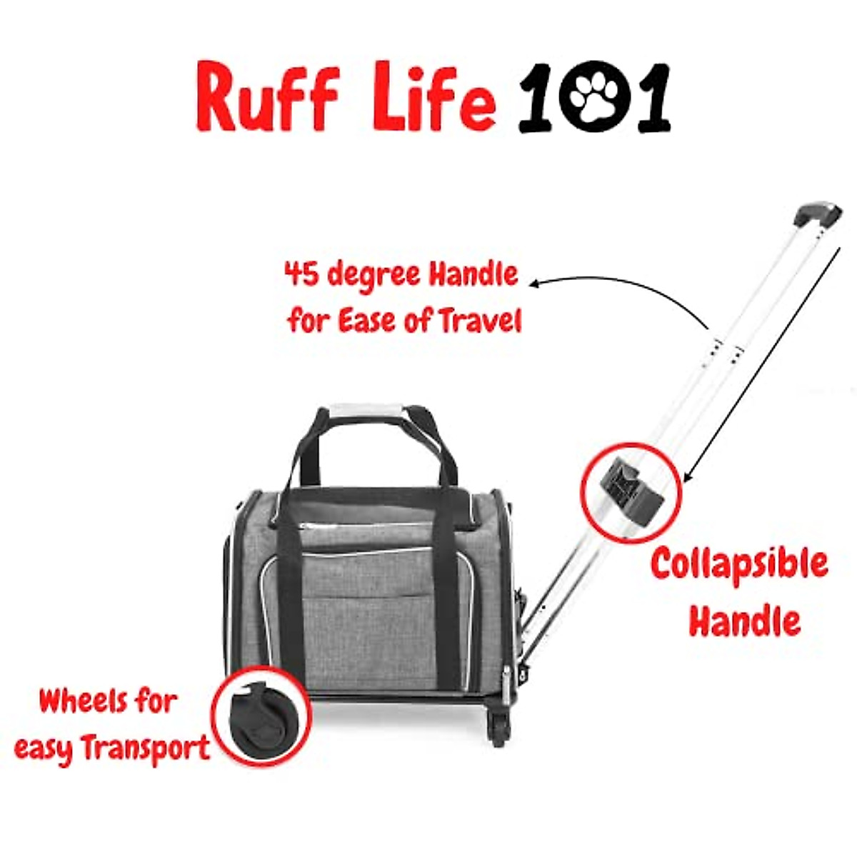 Ruff Life 101 Airline Approved Expandable Premium Pet Carrier on Wheels- Two Sided Expandable Rolling Carrier- Designed for Dogs & Cats- Extra Spacious Soft Lined Carrier! (Grey)