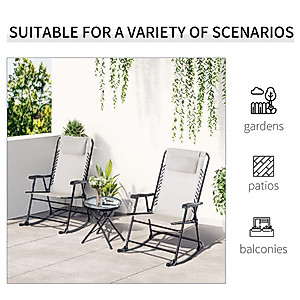 Outsunny 3 Piece Outdoor Rocking Chair Set, Patio Folding Lawn Rocker Set with Glass Coffee Table, Headrests for Yard, Patio, Deck, Backyard, Cream White