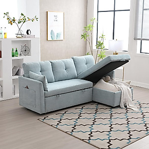 Chenille Couch with Pull Out Sofa Bed, Sleeper Sofa with Storage Chaise Lounge, Sectional Couch with Comfy Pillows and Pockets, Convertible L Shape Couches for living room, Bedroom, Office, Mint Green