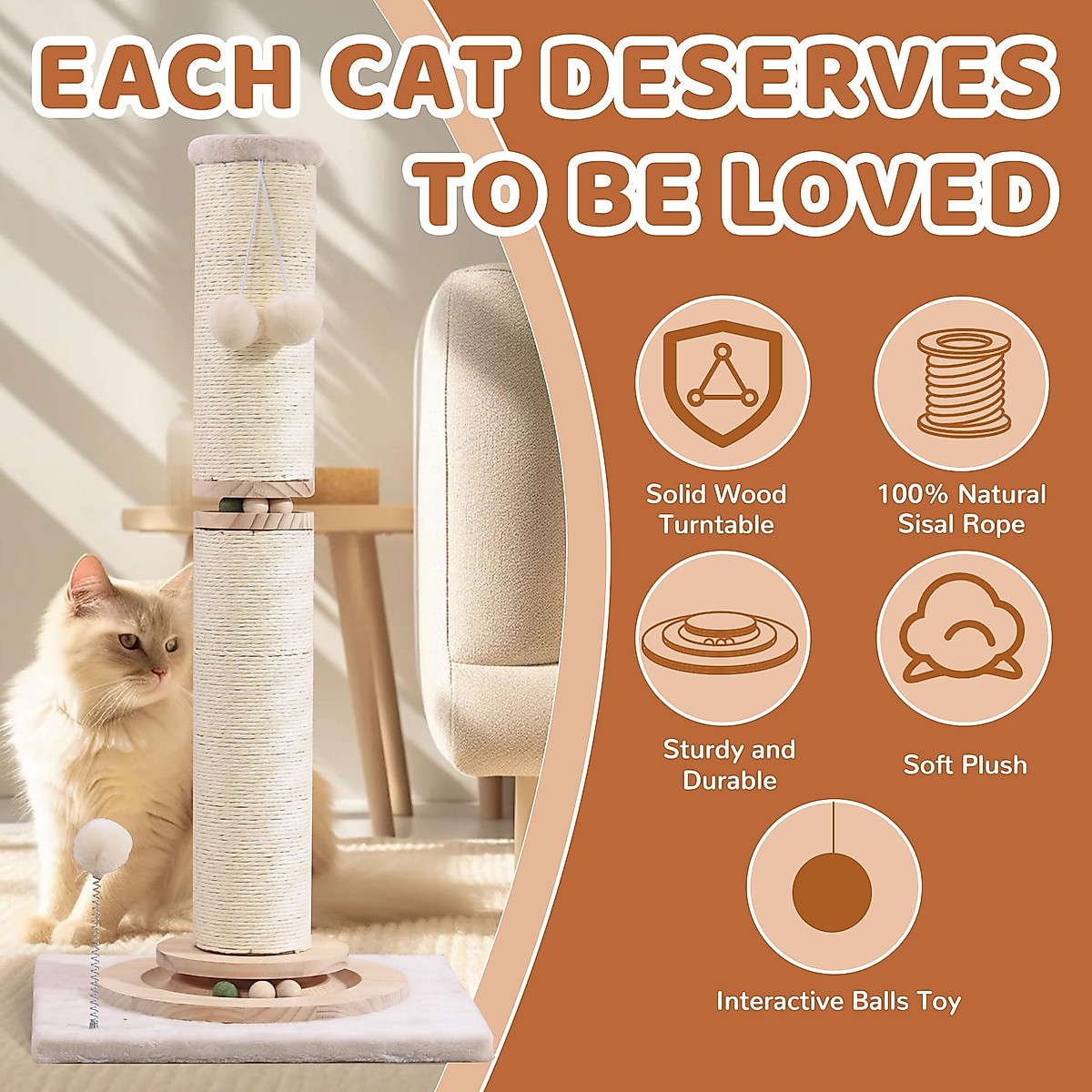 OTOB 33" Tall Cat Scratching Post, 4.3Inch Large Diameter Natural Sisal Rope Scratcher Post, 5-in-1 Interactive Turntable Cat Scratch Post with Soft Hanging Ball Toys for Indoor Large Cats
