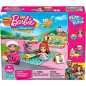 Mega Barbie Toy Building Set, Bakery with 1 Barbie and 1 Ken Micro-Doll, 2 Barbie Pet Birds and Accessories, Easy to Build Set for Ages 4 and Up